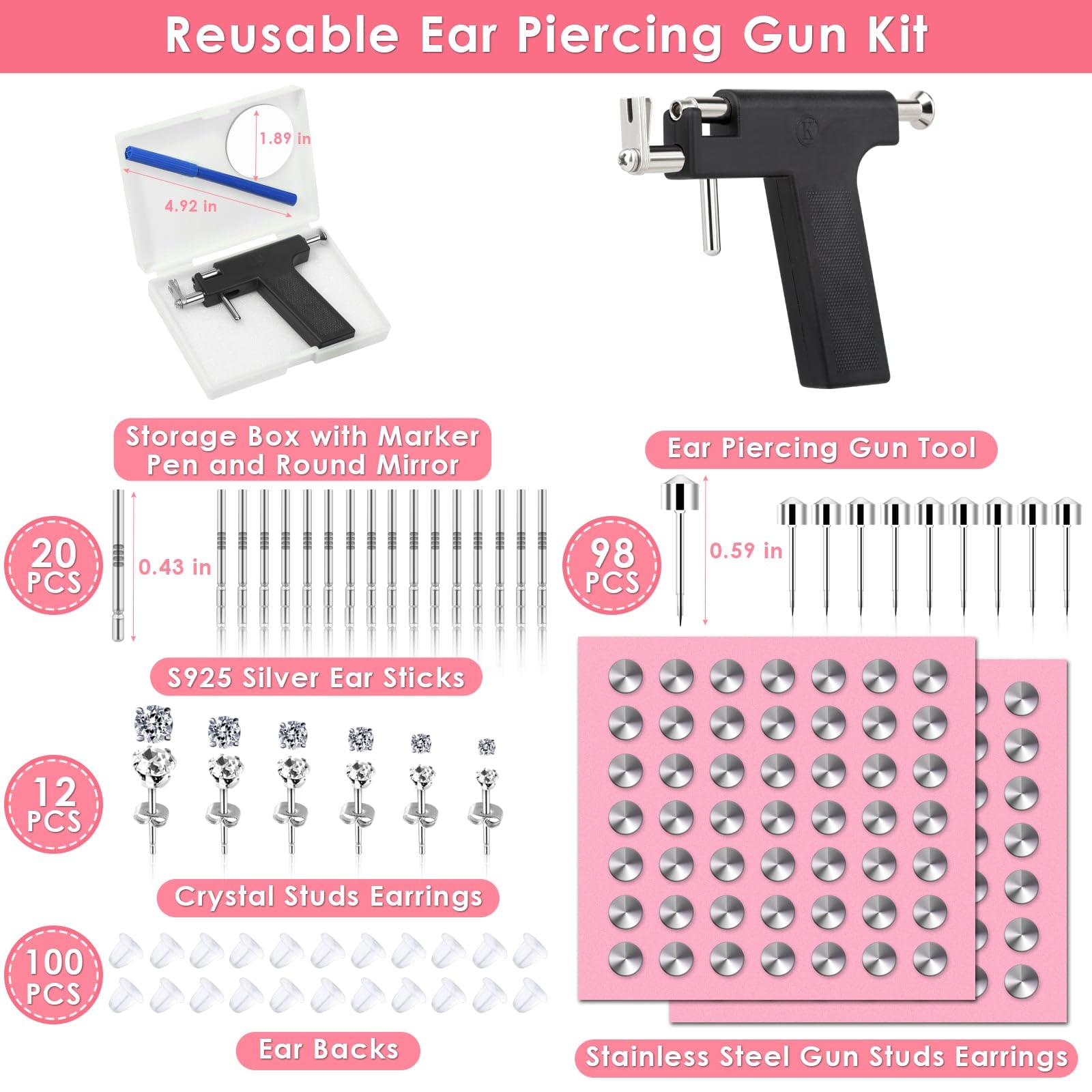 Ear Piercing Gun Kit, 233PCS Self Piercing Earrings Set, Nose Navel Lip Ears Piercer Body Piercing Tools, Earring Piercer with Hypoallergenicear Piercing Needle Kit for Salon & Home