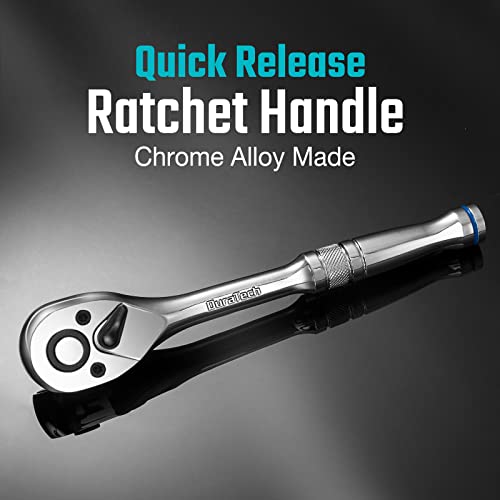 DURATECH 3/8-Inch Drive Ratchet, Quick-Release Ratchet Wrench, 72-Tooth, Reversible Switch, Full-Polished Chrome Plating, Alloy Steel