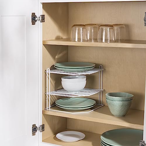 Home Basics Corner Rack, White, Vinyl Coated Steel, Rust Resistant, 2-Tier Shelf, Keeps Spices and Cups Organized, 9x9x8.5in