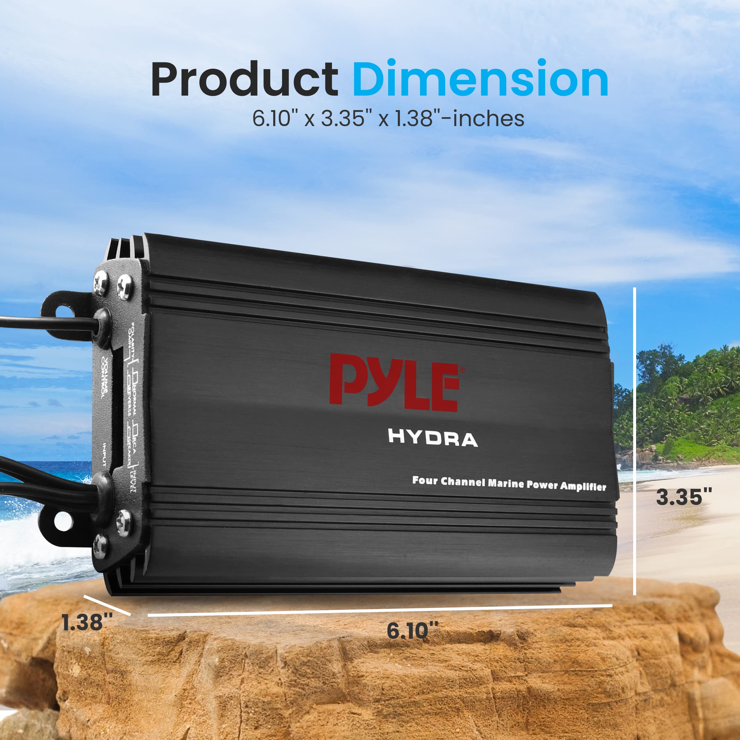 Pyle Hydra Marine Amplifier - Upgraded Elite Series 800 Watt 4 Channel Micro Amplifier - Waterproof, GAIN Level Controls, RCA Stereo Input, 3.5mm Jack, MP3 & Volume Control (PLMRMP3B)