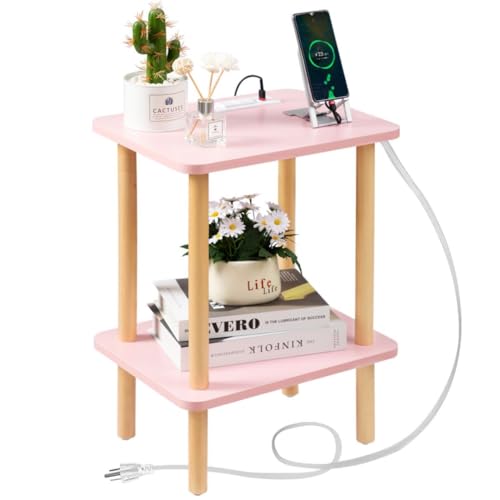 FORAOFUR Side Table with Charging Station, Small Side Table with 2 USB Ports and Outlets, Small End Tables for Small Spaces in Living Room, Bedroom & Nursery, 2 Tier Small Nightstand