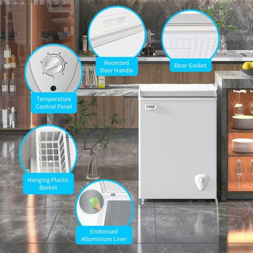 Deep Frezeer 3.5 Cubic Chest Freezer, Mini Freezer Compact Deep Freezer with Top Open Door and Removable Storage Basket, 7 Gears Temperature Control, Energy Saving, for Office Dorm or Apartment