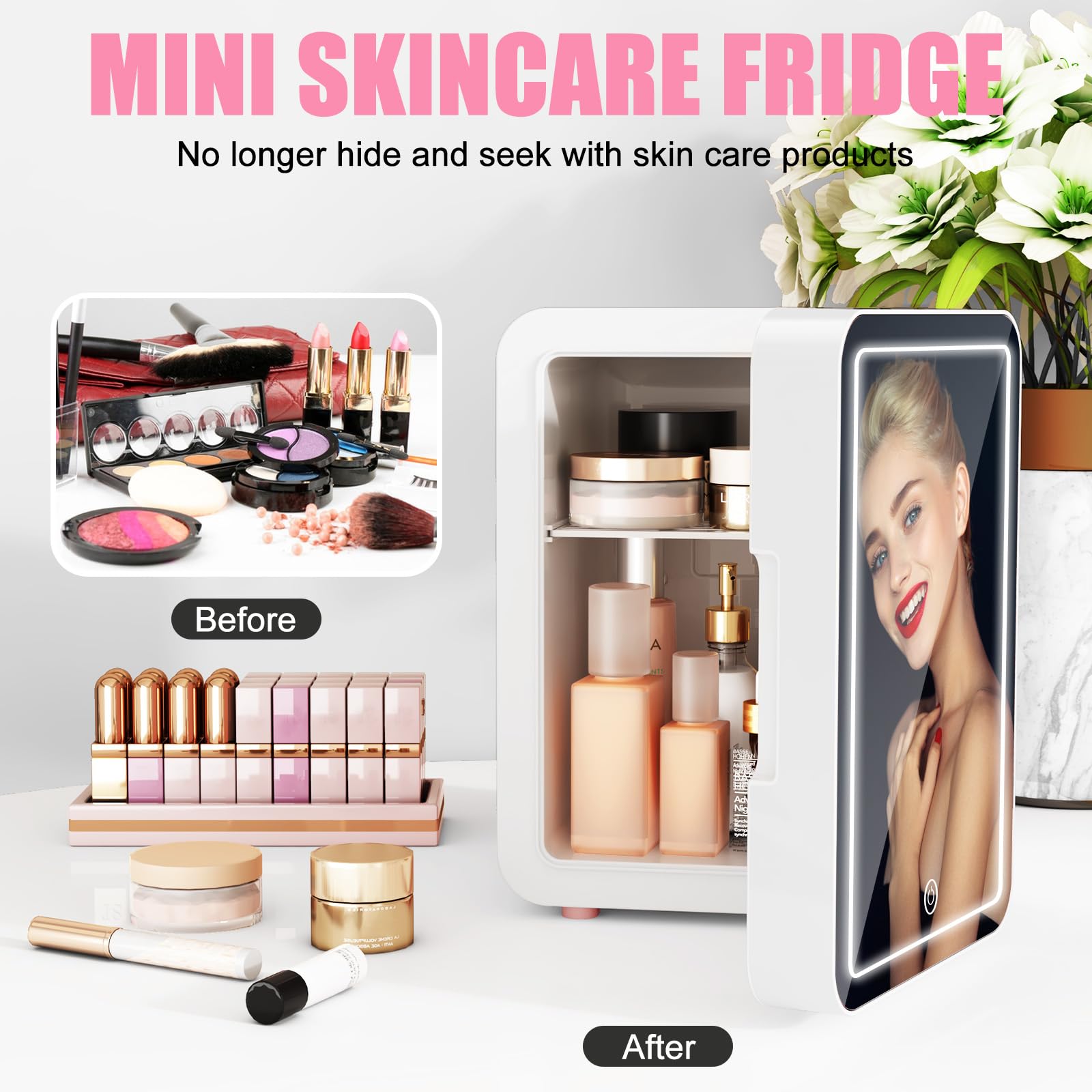 YDHZ Mini Fridge for Bedroom, Small Refrigerator Skincare Fridge With Dimmable LED Light Mirror 4L Makeup Mini Fridge Cooler & Warmer Compact Refrigerator for Cosmetics Drinks Mini Skin Care Fridge