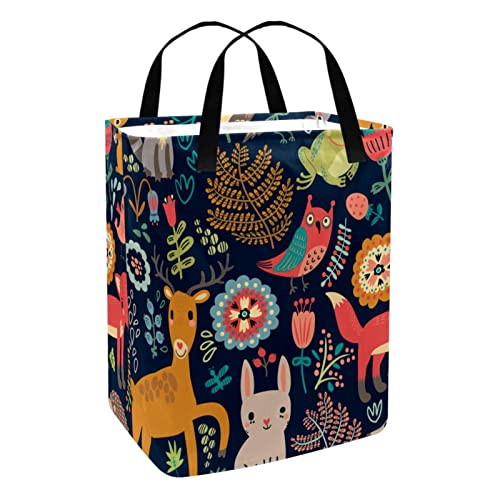 Forest Animals Owl Hedgehog Deer Fox Rabbit Print Collapsible Laundry Hamper, 60L Waterproof Laundry Baskets Washing Bin Clothes Toys Storage for Dorm Bathroom Bedroom