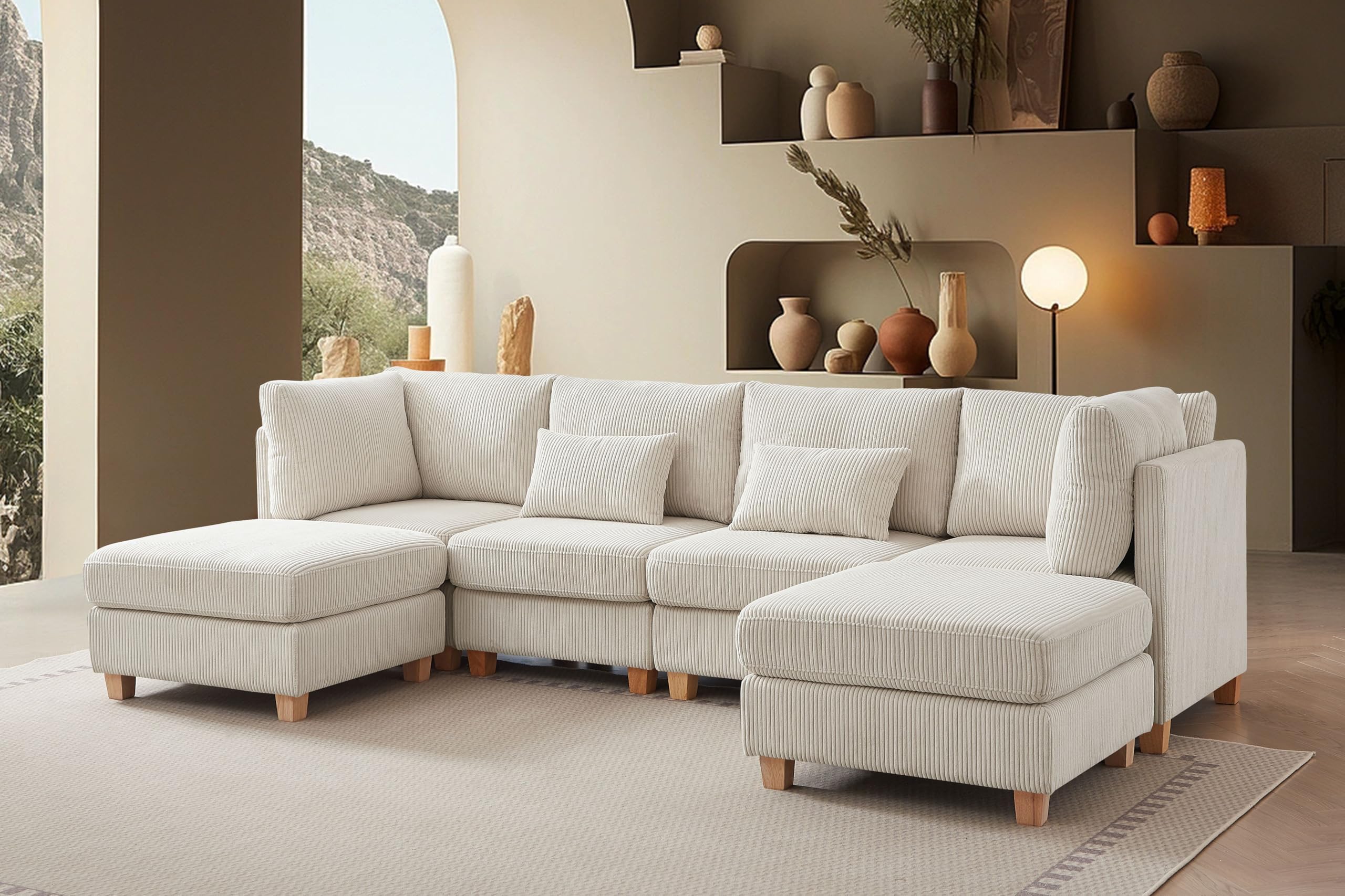Dagniwak Convertible Sectional Sofa,U-Shaped Couch,Freely Combinable Sofa Modules, Corduroy Fabric, with High Supportive and Soft Sponges, for Living Rooms, Apartments and Offices (Beige)