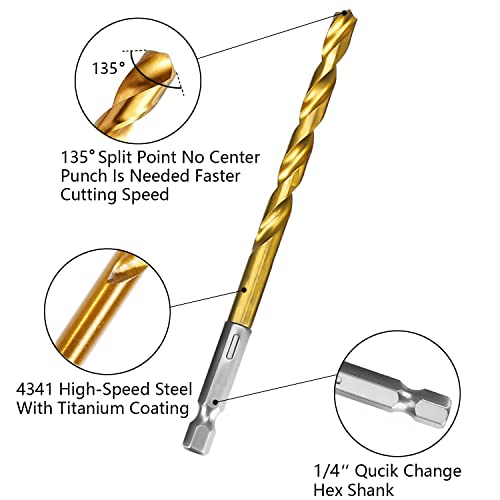 Titanium Twist Drill Bit Set - 13 Pcs Hex Shank High Speed Steel, Premium 4341 HSS Titanium Impact Hex Drill Bits for Wood, Steel, Metal, Plastic, Quick Change Design (1/16”-1/4”)