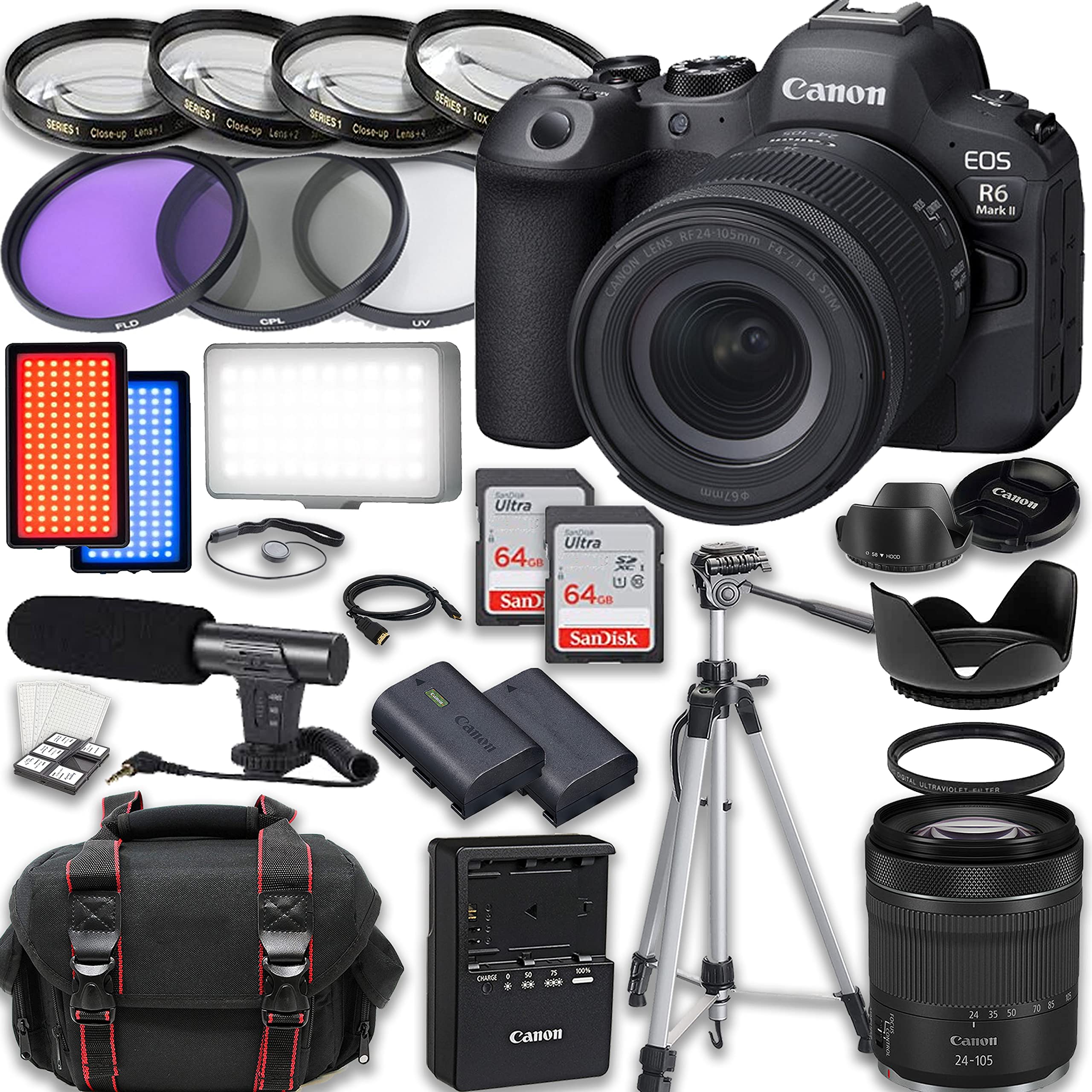 Canon EOS R6 Mark II Mirrorless Camera with RF 24-105mm f/4-7.1 is STM Lens, Accessories Including: 2X 64GB Memory Cards, LED Video Light, Microphone, Extra Battery, Case & More