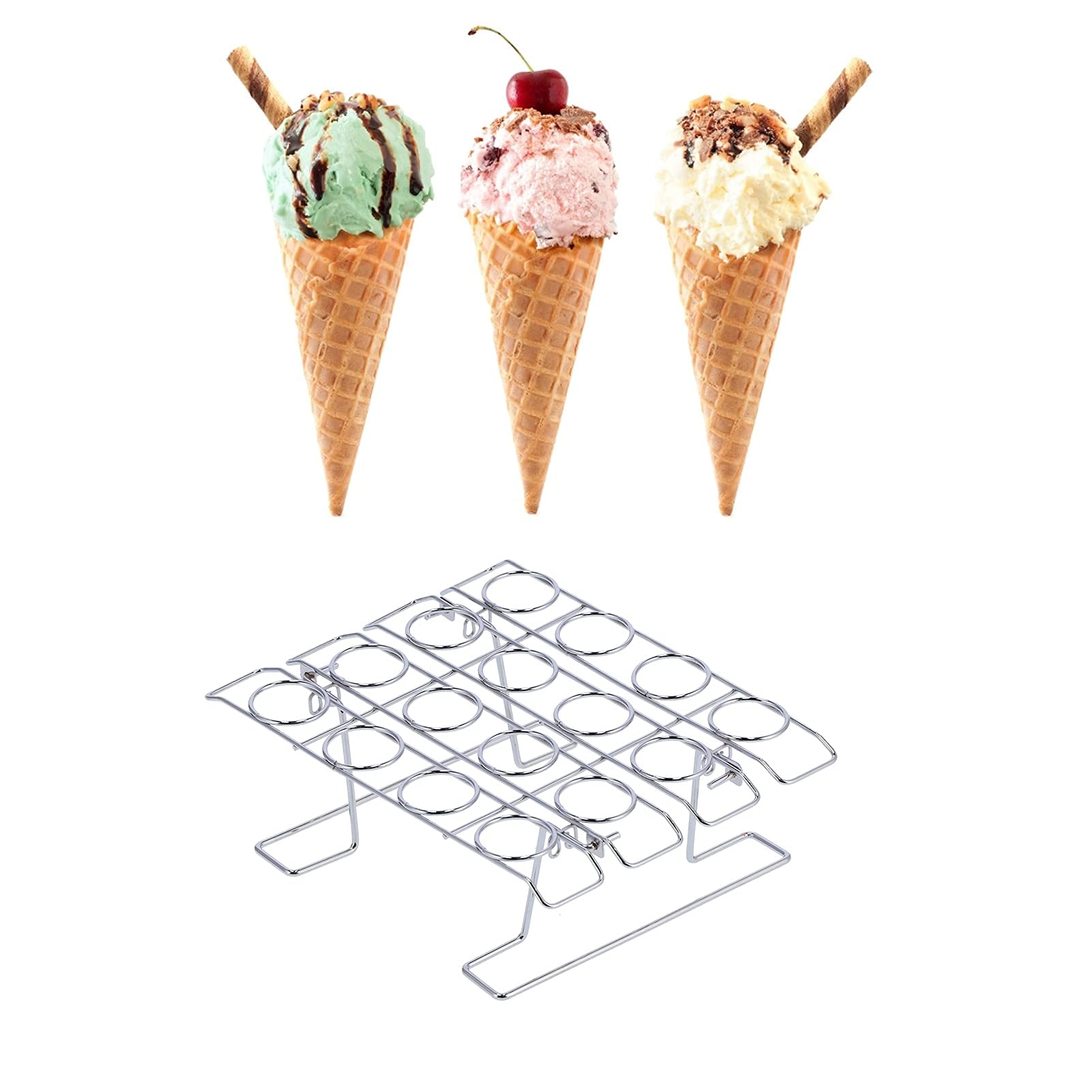Cupcake Cone Baking Rack, Ice Cream Cone Baking Rack 16 Cavity Stainless Steel Ice Cream Cone Holder Stand Metal Waffle Cones Holder Foldable Cake Decorating Pastry Tray for Baking, Cooling, Display
