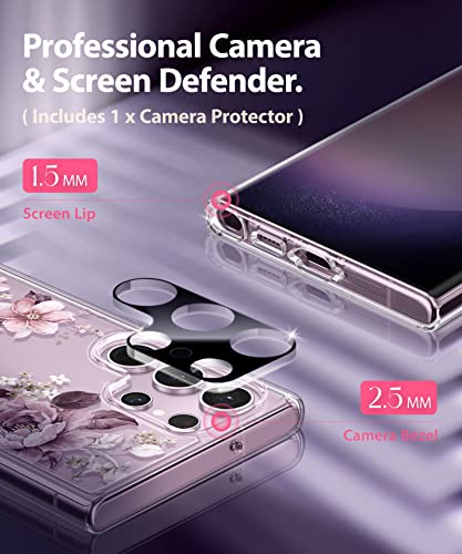 GUOVLIN for Samsung Galaxy S23 Ultra Case 6.8", [Camera Lens Protector] Flower Shockproof Hard Back & Soft Edge Clear Floral Women Protective Slim Bumper Phone Cover, 2023 (Alluring Purple)