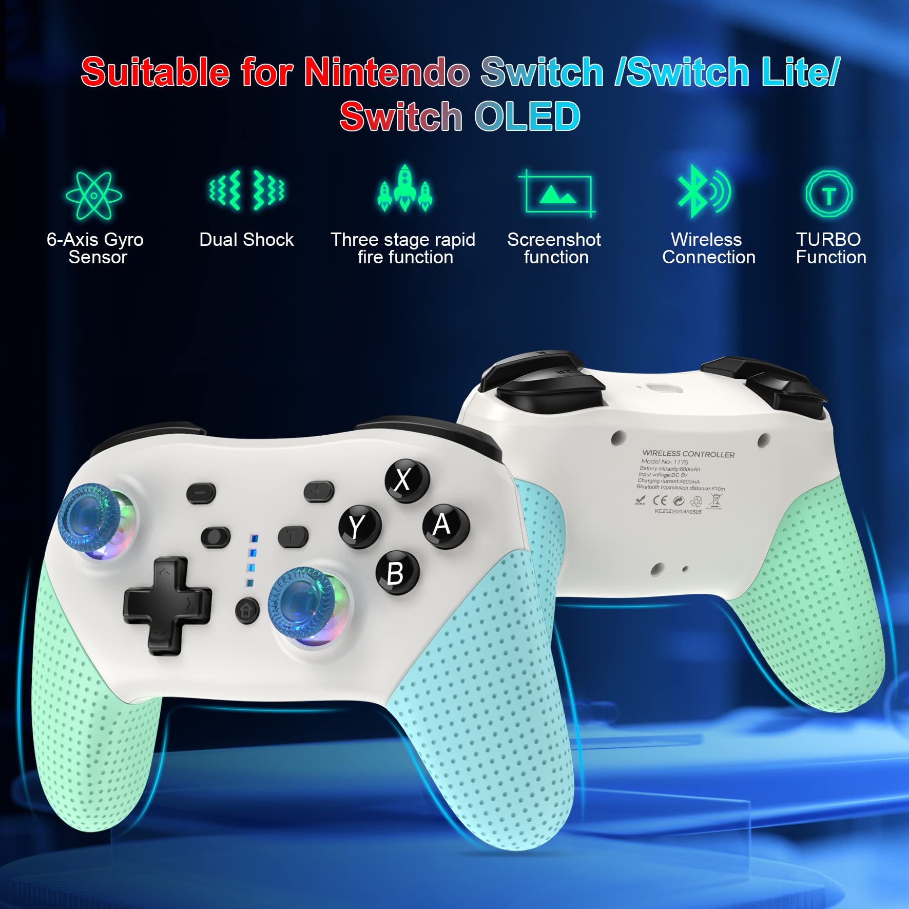 DOBE Switch Pro Controller, Wireless Switch Controller Compatible with Switch/OLED/Lite, LED Light 4-Level Vibration Wireless Remote Gamepad with Wake-up/Turbo/Motion Control