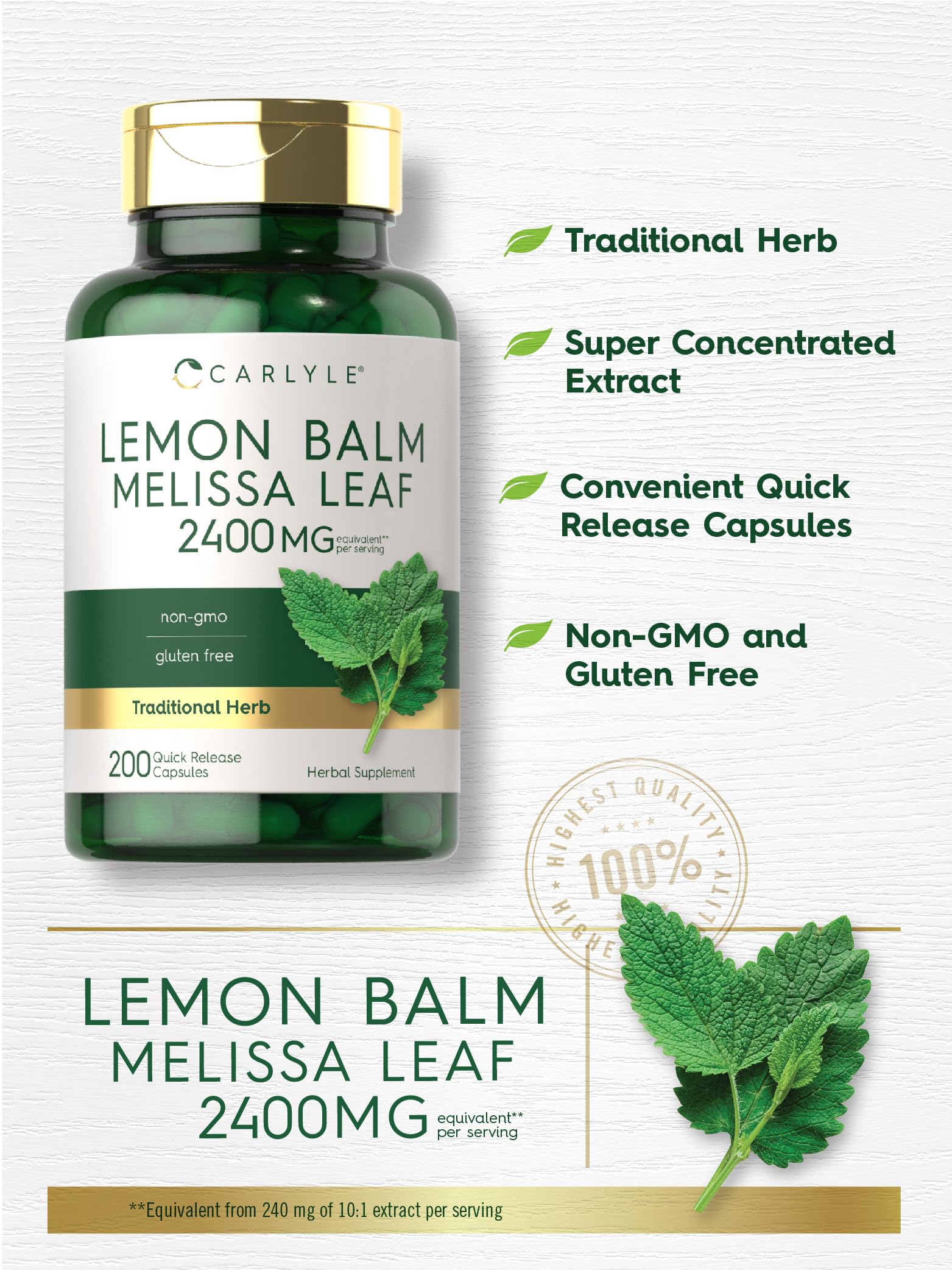 Carlyle Melissa Lemon Balm | 200 Capsules | Non-GMO and Gluten Free Formula | Melissa Leaf Traditional Herbal Supplement | Super Concentrated Extract