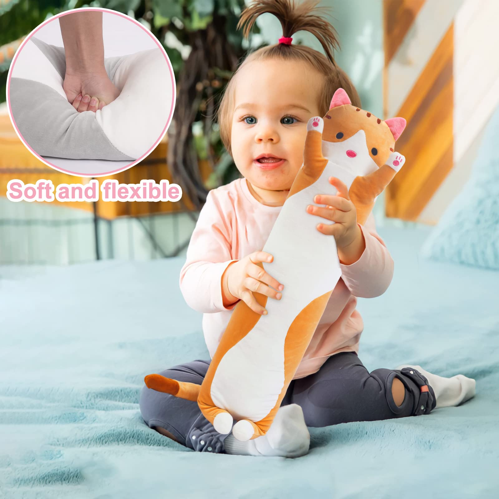 DOBUONO 19.68in Long Cat Plush Pillow - Cute Stuffed Animal for Kids - Soft Pink