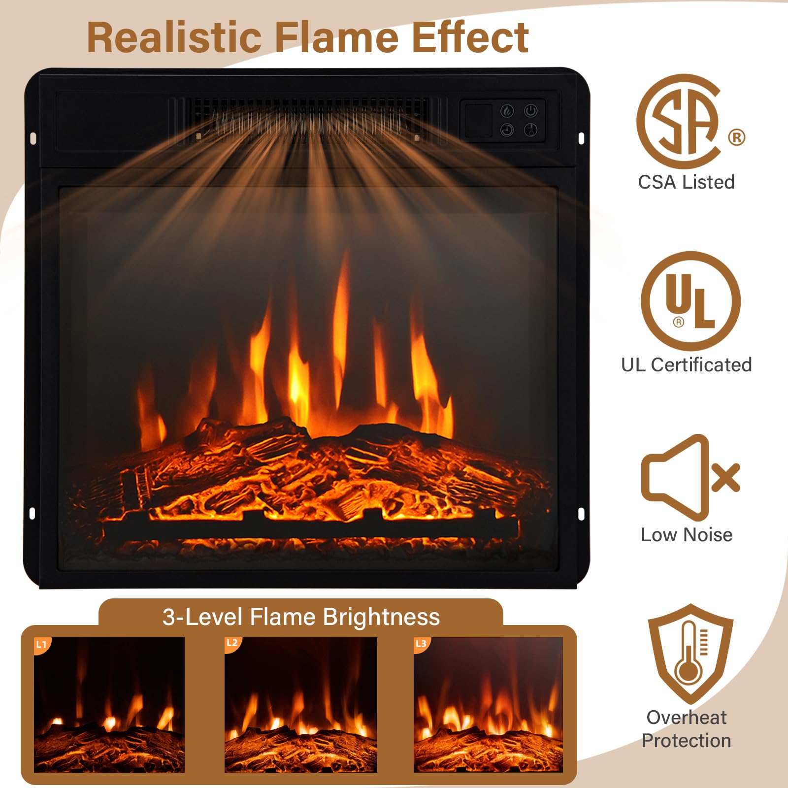 COSTWAY 32-inch Electric Fireplace with Mantel, 1400W Adjustable Freestanding Heater with Remote Control, Thermostat Design, 6H Timer, 3D Flame Brightness, Mantel Fireplace for Living Room, Brown