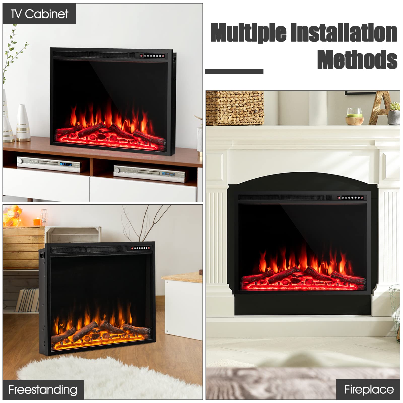 COSTWAY 37-Inch Electric Fireplace, Wall-Mounted and Recessed Fireplace Heater with 4 Flame and Log Colors, 5-Level Flame Speed and Brightness, Remote Control, 8H Timer, Overheat Protection, 1500W