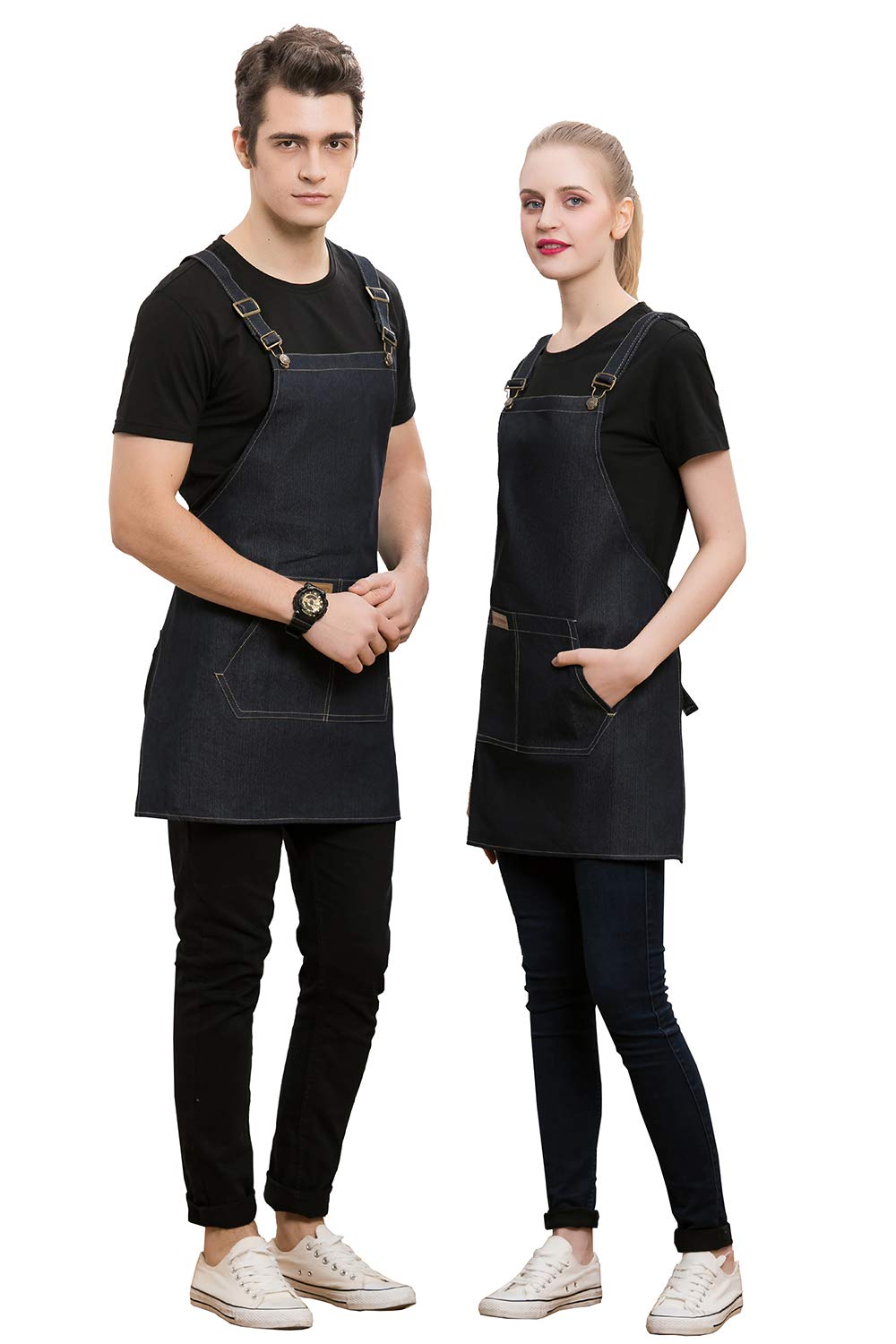 Denim Cross-Back Chef Bib Apron with Pockets for Men and Women (Black)
