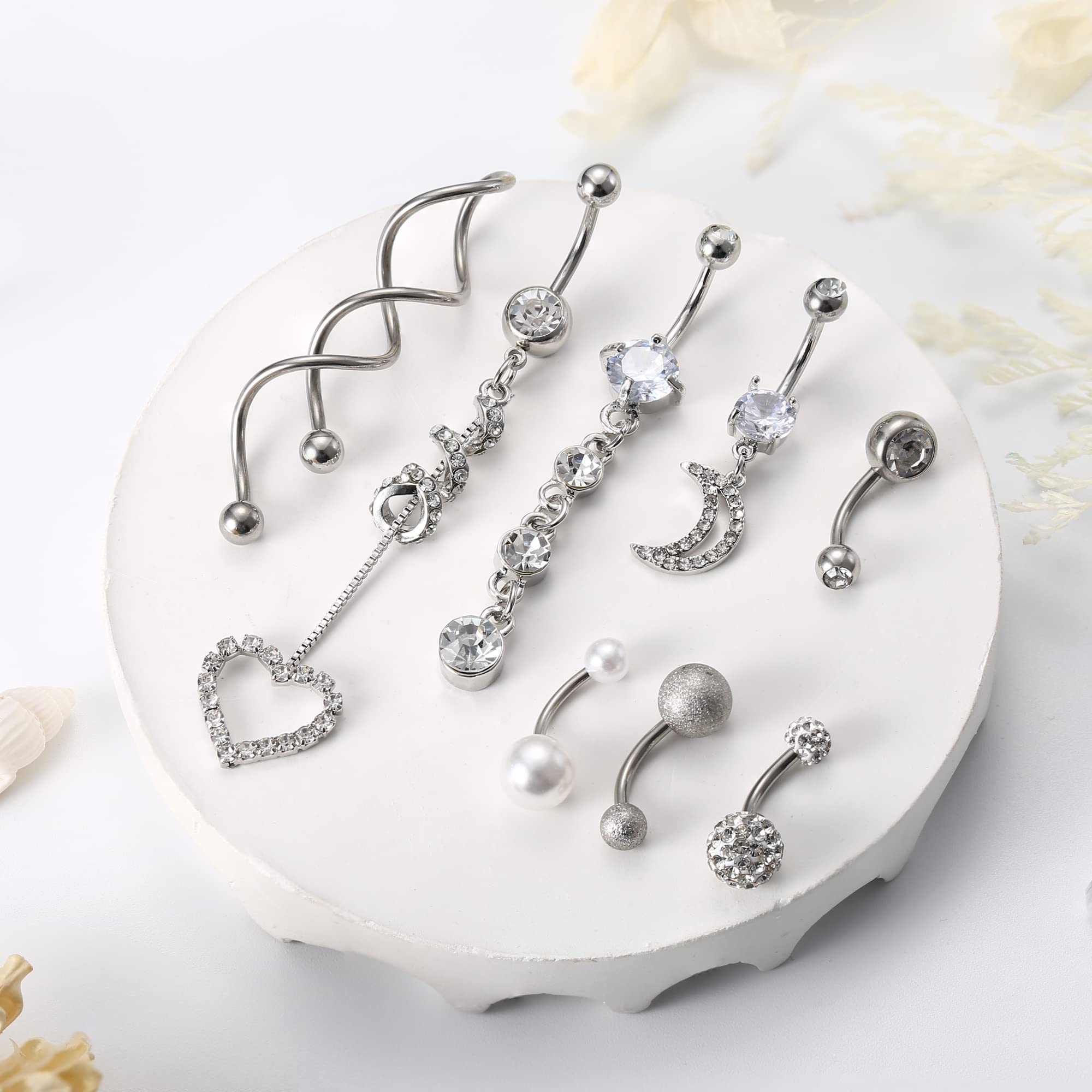 Dochais 8PCS Belly Button Ring, Surgical Steel Belly Rings for Women Dangle Belly Button Rings Sparkling CZ Pearl Belly Piercing Jewelry
