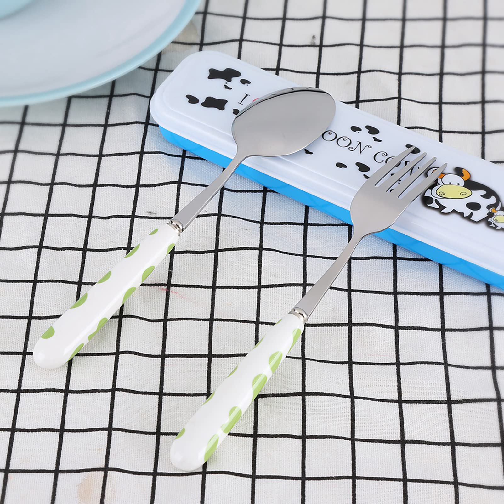 Children Flatware Set, Stainless Steel Fork Spoon with Storage Box Dinner Utensils Spoon Fork Set with Travel Case Toddler Travel Utensils for Kids Toddlers (Green)