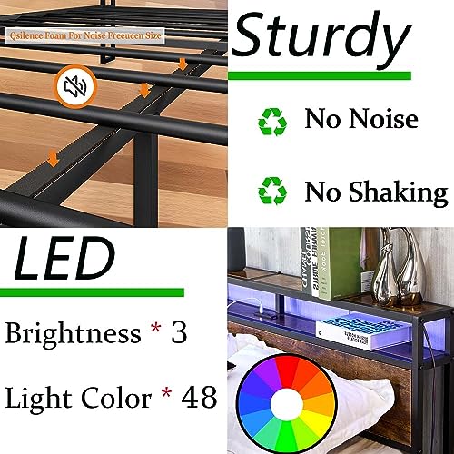 Gustonhon Industrial Queen Bed Frame with Headboard,Metal Bed Frame Queen Size with Storage Under-Bed,Mattress Foundation with LED Lights and Charging Station,2-Tier Storage Shelf (Queen)