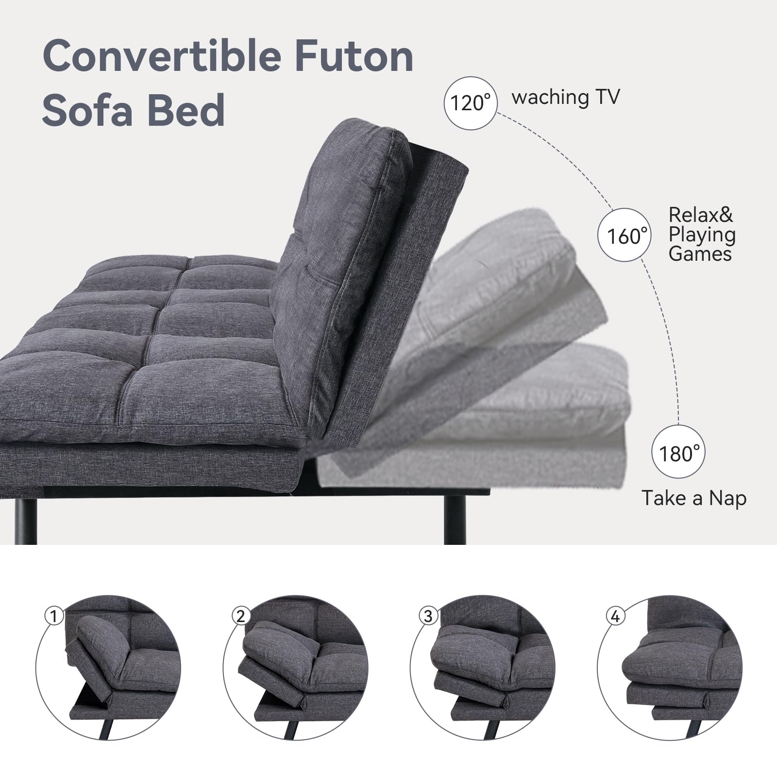 Erdoru Convertible Memory Foam Futon Sofa Bed Couch,Linen Fabric Futon Sofa Couch,Sleeper Futons Sofa Bed,Small Splitback Modern Loveseat Sofa Bed for Living Room,Office,Apartment,Dark Grey