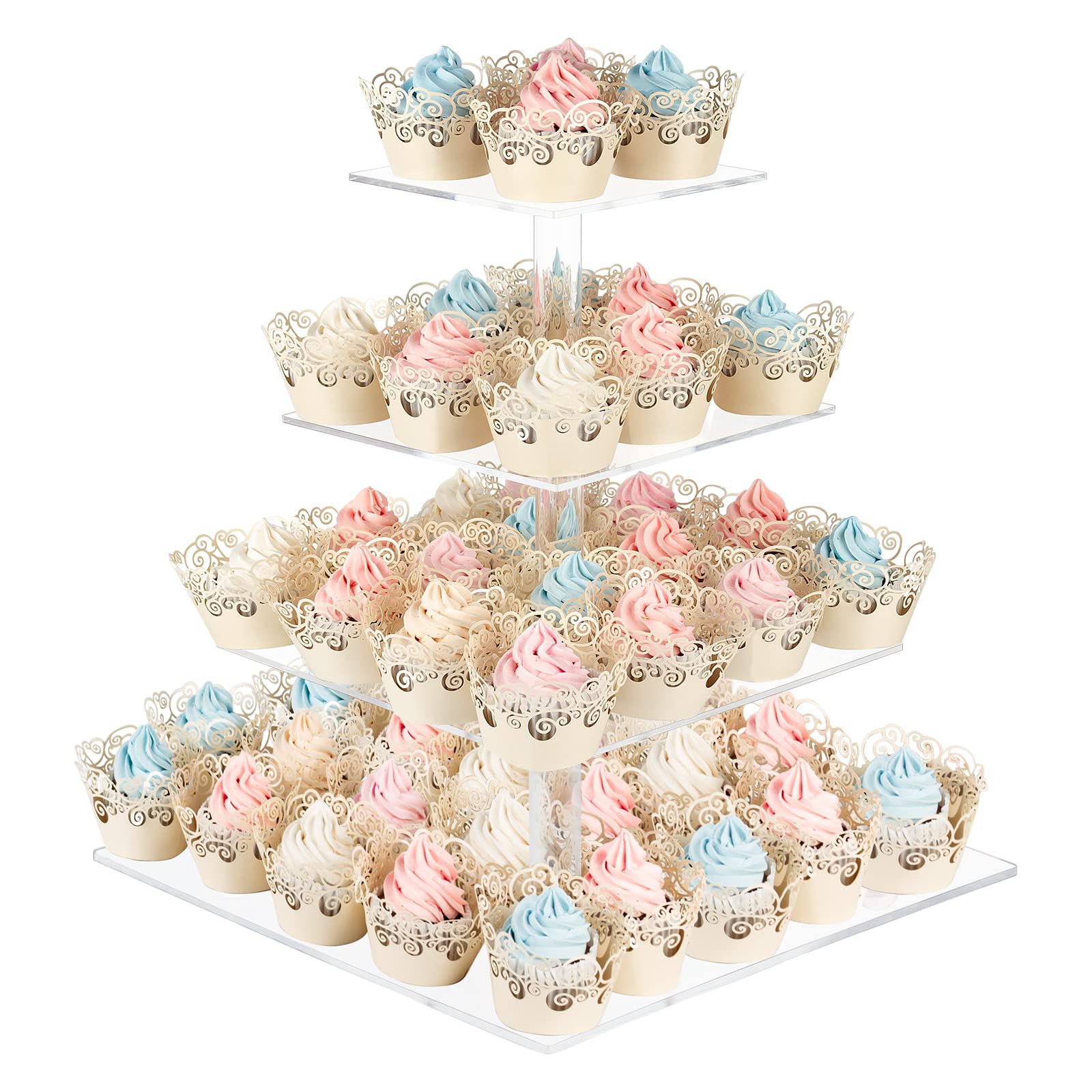 Cupcake Stand with Base, 4-Tier Square Acrylic Cupcake Display Stand Dessert Tower Pastry Stand Premium Cupcake Holder for Wedding Birthday Theme Party - Transparent