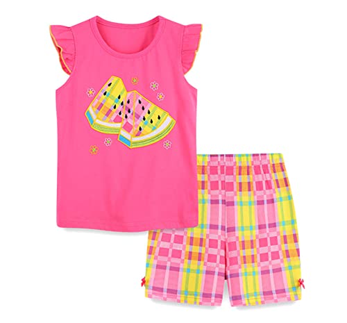 Toddler Girl Short Clothing Sets Easter Summer Cotton Casual Pink Watermelon Top Tee Shirts Check Shorts Beach Outfits Sets 3T