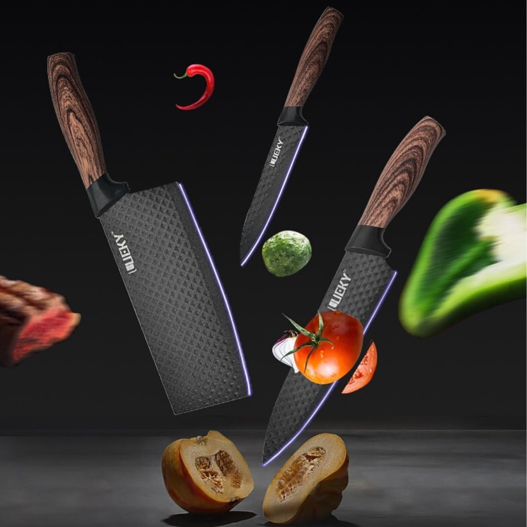 GLOVEVA Set of 6 Knife Set with Giftbox Wave Pattern Sharp Kitchen Knifes wood grain rubber handle chef kitchen knife block sets carving knife set, LARGE&SMALL