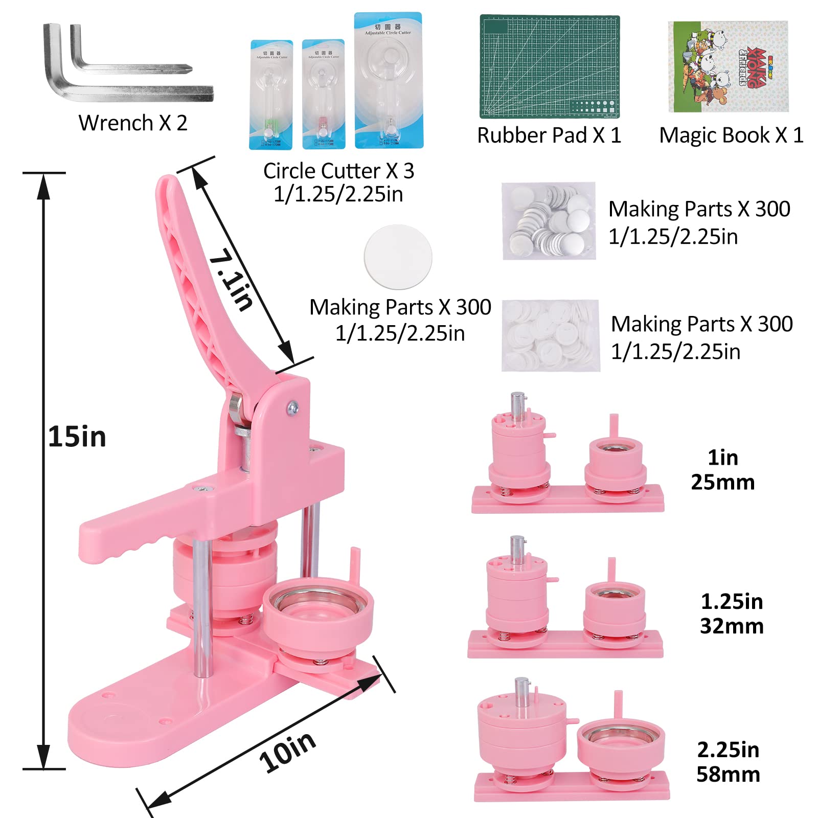 Button Maker Machine Multiple Sizes - wuyule 1''+1.25''+2.25'' Button Press Badge Maker Machine, Pink Pin Maker Machine with 300pcs Round Button Parts, 3 Circle Cutters&Magic Book