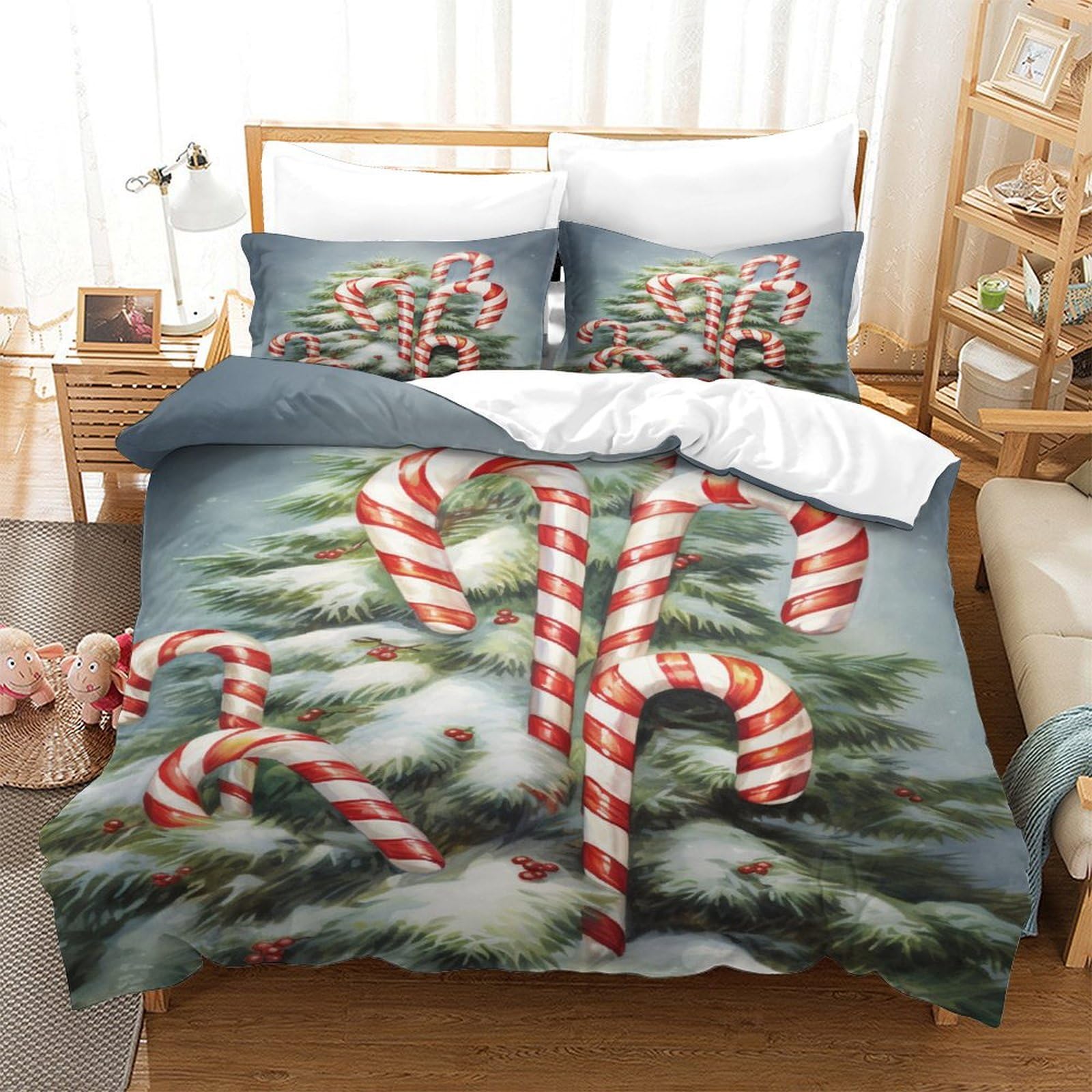 JALYKA Candy Canes Comforter Cover Bedding Sets for Girls Boys Teens 3D Print Christmas Theme Duvet Cover Sets Microfiber 3 Piece Quilt Cover Room Decor with Pillowcases Zipper Queen(228x228cm)