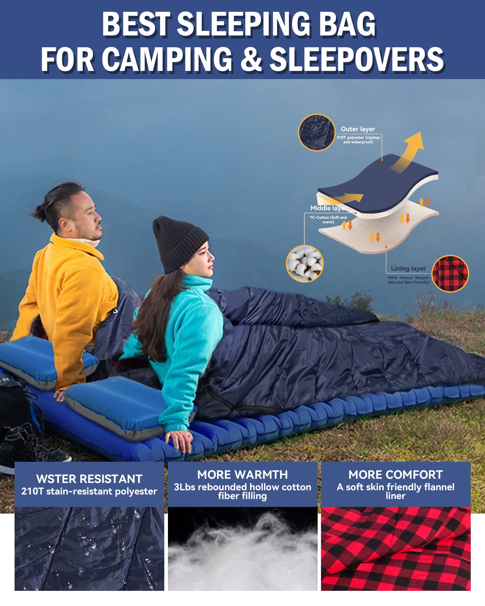 CHANODUG Camping Sleeping Bag for Adults and Kids -Lightweight Backpacking Sleeping Bags with Compression Sack - Portable Outdoor Hiking Survival Gear Waterproof Sleeping Bag for Warm & Cold Weather