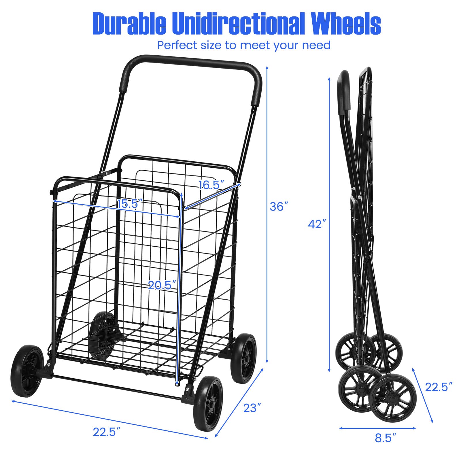 COSTWAY Folding Shopping Cart, Heavy Duty Grocery Utility Cart with Foam Wrapped Handle & Large Wheels, Versatile Rolling Cart with 22 Gal Metal Basket for Warehouse, Supermarket & Laundry