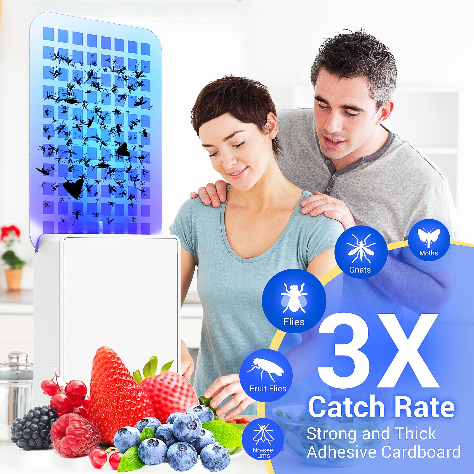 Fruit Fly Traps for Indoors, 3 in 1 Plug-in Fly Trap Indoor Flying Insect Trap Gnat Traps for House Indoor with Bug-Appealing Light, Warm & RGB Night Light for Home Kitchen, 1 Trap+6 Glue Cards