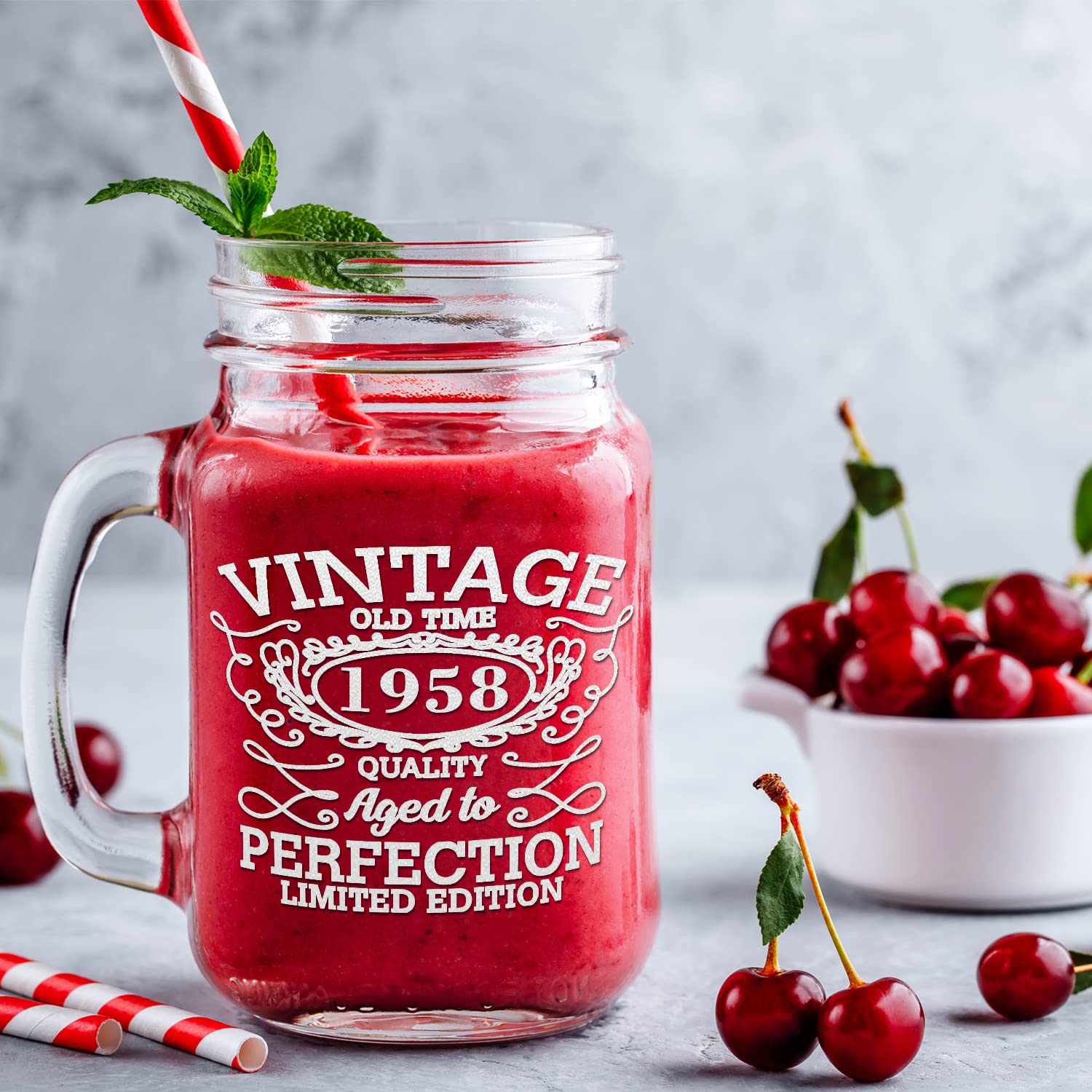 Cuptify 65th Birthday Gift for Women and Men Vintage 65 Years Old Time 1958 Etched Mason Jar Glass 16 oz Drinking Glasses with Handle