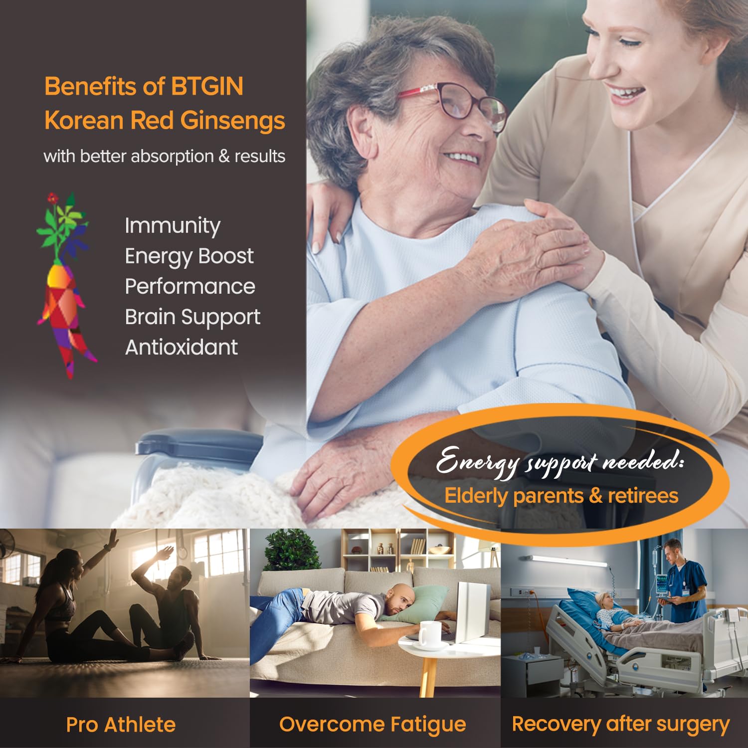BTGIN Korean Red Ginseng Extract 3000mg Everyday, Saponin Hanppuri, Immune Booster and Focus Supplement for Brain Enhancement with Ginsenoside Rg3, Panax Ginseng 6 Years Root, 30Packets in 1 Set
