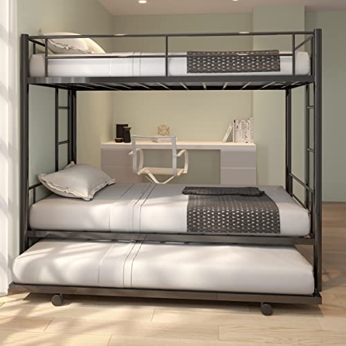 HICOMILA Metal Bunk Bed with Trundle, Twin Over Twin Bunk Bed for Kids, Teens, Adults, Can be Separate into Two Individual Twin Beds, Black