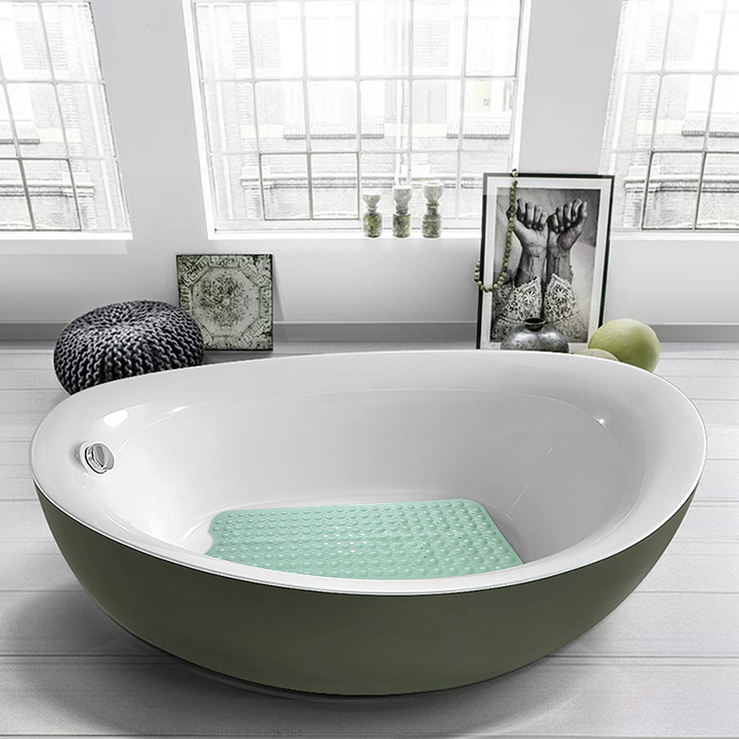 YINENN Bath and Shower Safety Mats 40x16 inch, Non Slip with Suction Cups for Bathroom Stall and Tub Floor, Extra Large and Machine Washable, Drain Holes Keep Bathtub Clean, Light Green