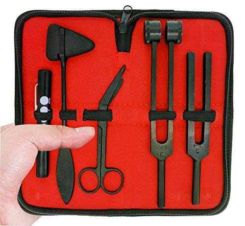 SURGICAL ONLINE Limited Edition - Full Tactical Black - Grudge Style Set of 5 pcs Reflex Percussion Taylor Hammer + Penlight + Tuning Fork C 128 C 512 + Bandage Scissors 5.5"