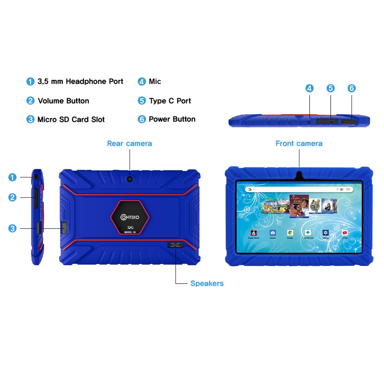 Contixo V8 7” Kids Tablet, 2GB RAM, 32GB Storage, Android 11 GO, Ultimate Learning Tablet for Children with 50+ Disney Storybooks, Kid Proof Protection Case, DkBlue