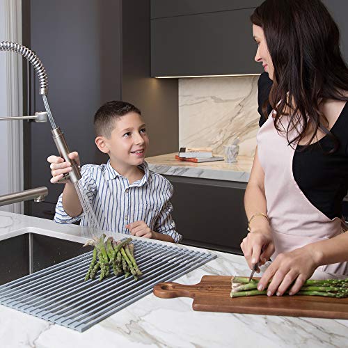 Kraus Multipurpose Over-Sink Roll-Up Dish Drying Rack, Colander and Trivet in Light Grey, KRM-10GREY