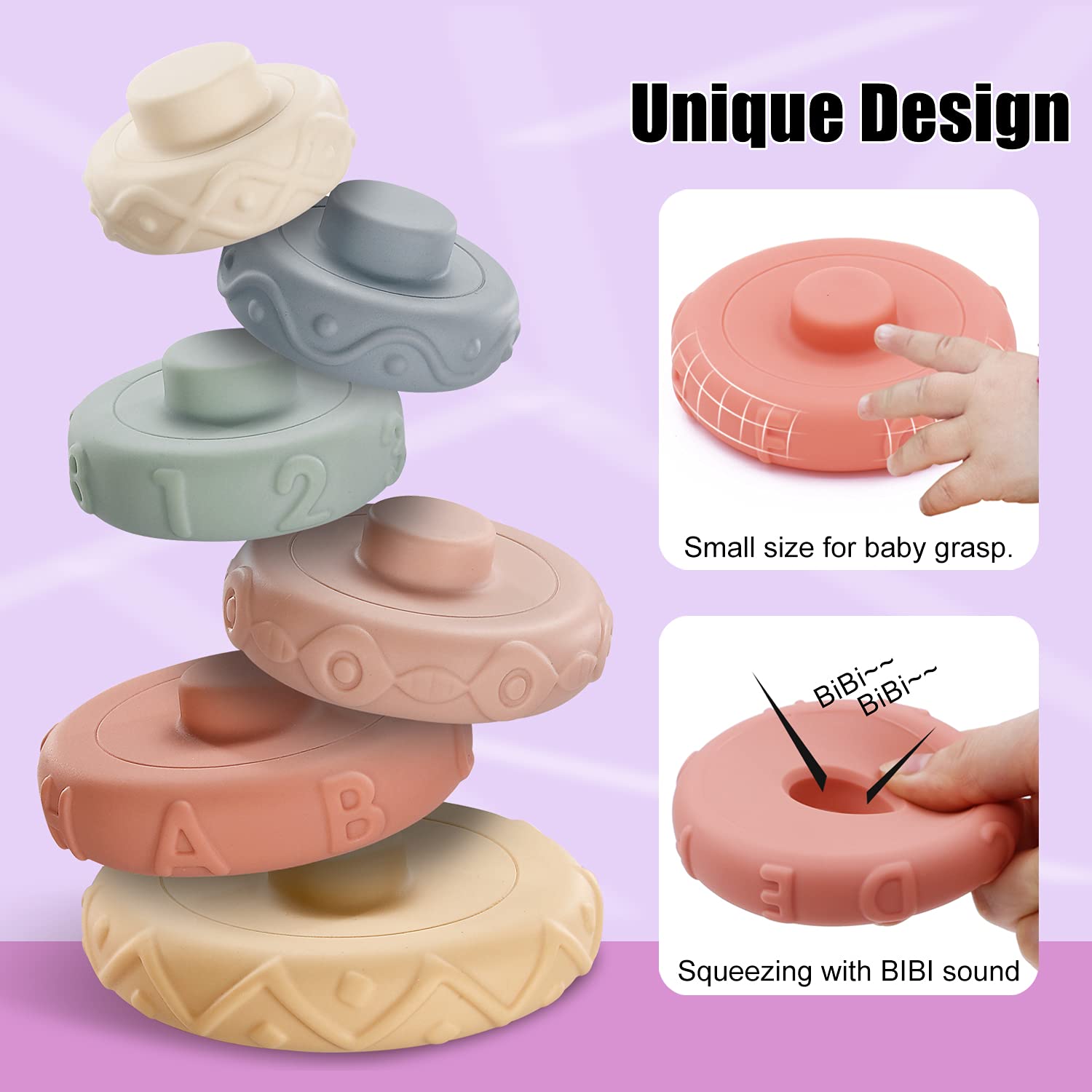 MARUMINE 6PCS Stacking Cricle Toys, Nesting & Building Rings Stacker, Soft Silicone Squeeze Teethers Play Set, Early Educational Learning Stacking Tower for 6+ Months Baby Boys Girls