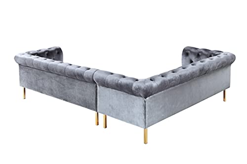 Iconic Home Giovanni Right Facing Sectional Sofa L Shape Velvet Upholstered Button Tufted Roll Arm Design Solid Gold Tone Metal Legs Modern Transitional Navy Grey
