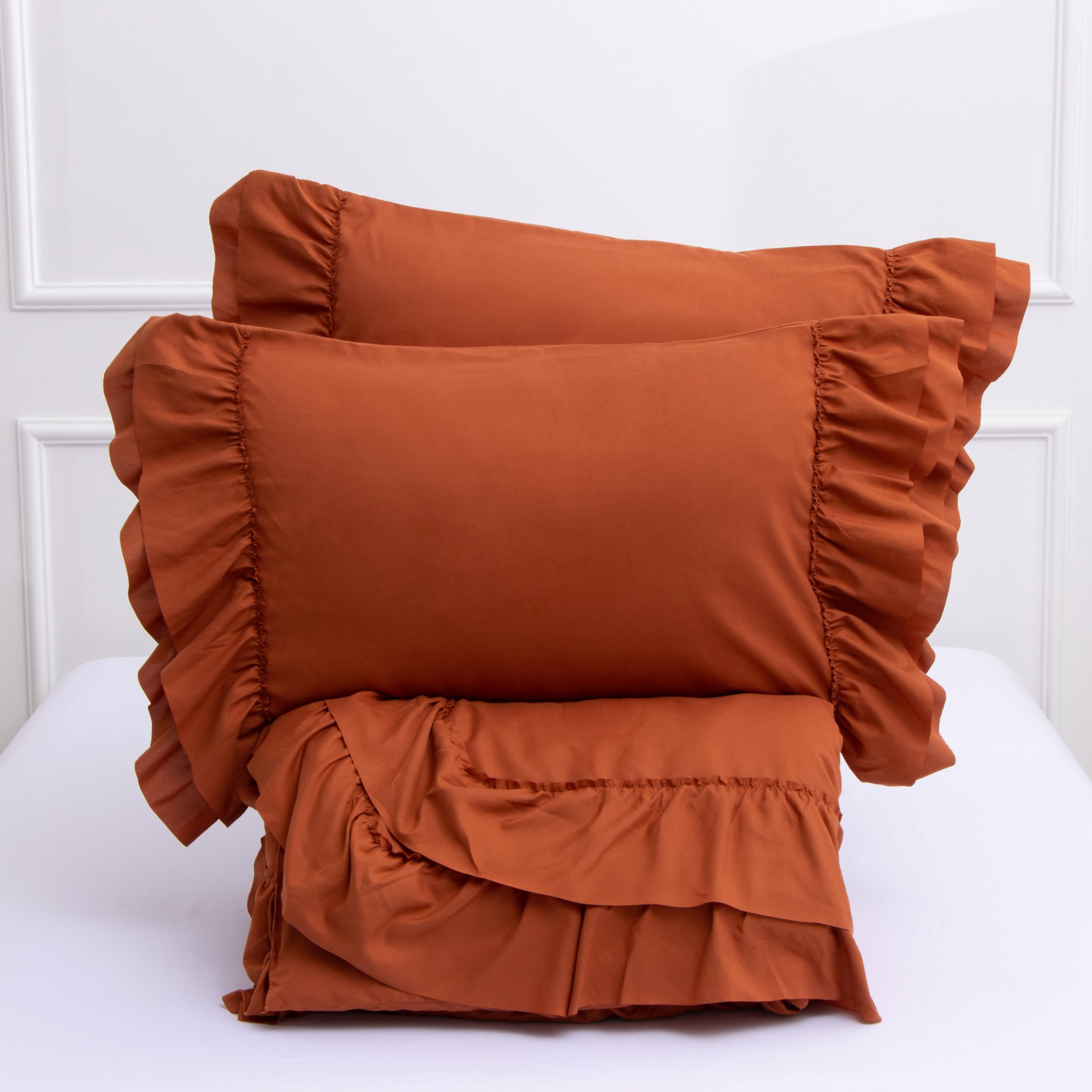 Btargot Terracotta Waterfall Double Layers Ruffle Comforter Set, 3 Piece Shabby Chic Bedding Set Queen Size for Girls WomenTeens