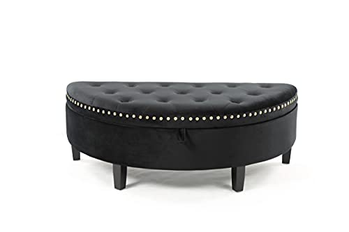 Iconic Home Jacqueline Half Moon Storage Ottoman Button Tufted Velvet Upholstered Gold Nailhead Trim Espresso Finished Wood Legs Bench Modern Transitional Black