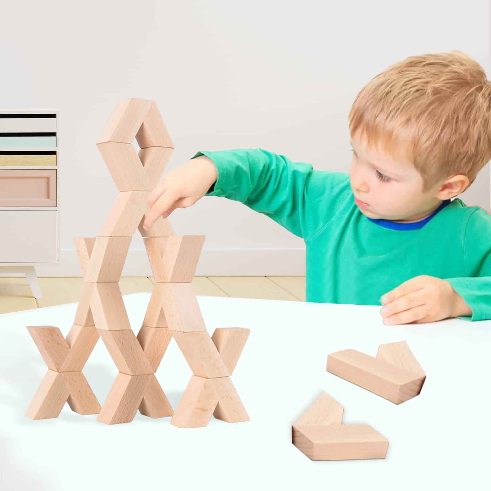 Xylolin Wooden Building Blocks for Kids 4-8, Large Solid Wood Toddlers Stacking and Balancing V-Shape Blocks Toy, Early Learning Construction Game for Kids Age 3 4 5 6 7