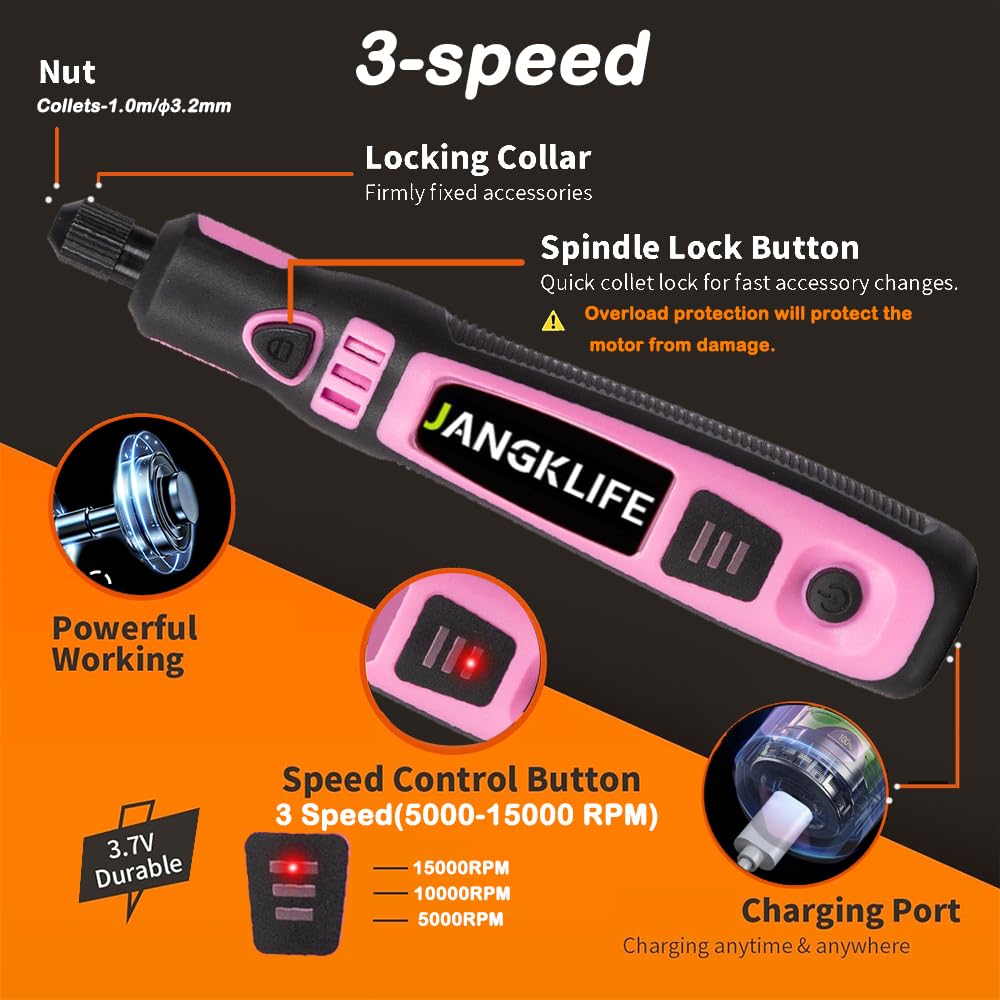 JANGKLIFE Mini Cordless Rotary Tool Kit, 3-Speed Adjustable and USB Rechargeable with 41 Accessories for Sanding, Polishing, Drilling, Etching, Engraving, DIY Crafts