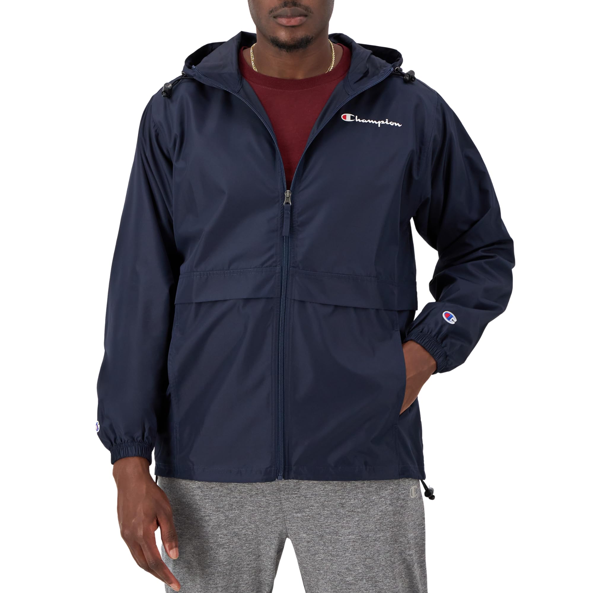 Champion, Stadium Full-Zip, Wind, Water Resistant Jacket for Men, Navy Small Script