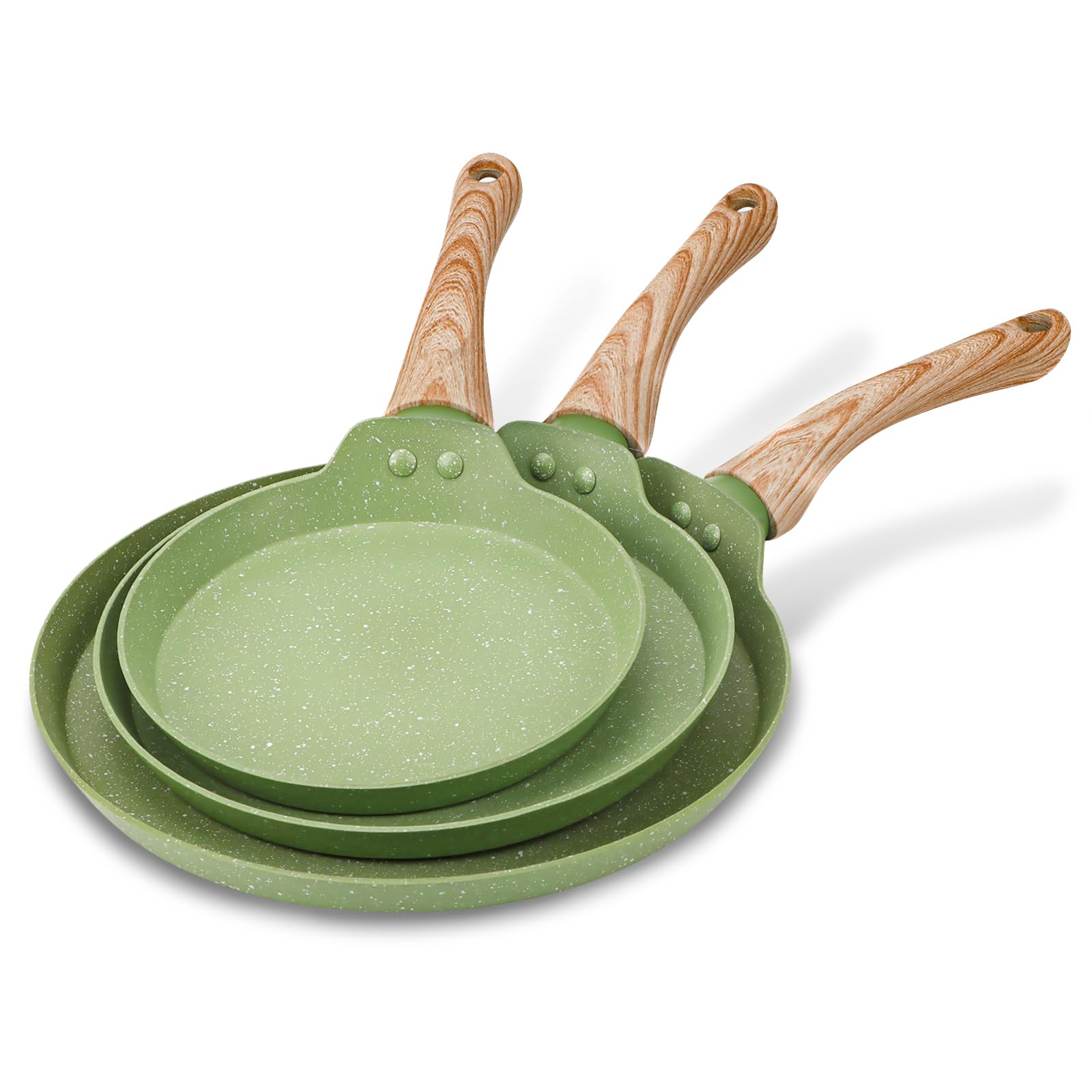 FTNESGYM Egg Pan Frying Pan Set, 7" 8.5" and 10" 3 Pieces Nonstick Crepe Pan Set, Omelet Pans, Flat Pan for Tortillas, Omelette, Pancake, Gas Stove Induction Compatible (Green)