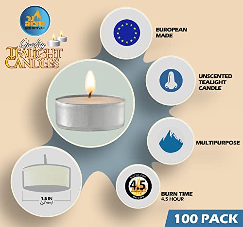 Tea Light Candles - 100 Bulk Pack - White Unscented Travel, Centerpiece, Decorative Candle - 4.5 Hour Burn Time - Pressed Wax - by Ner Mitzvah