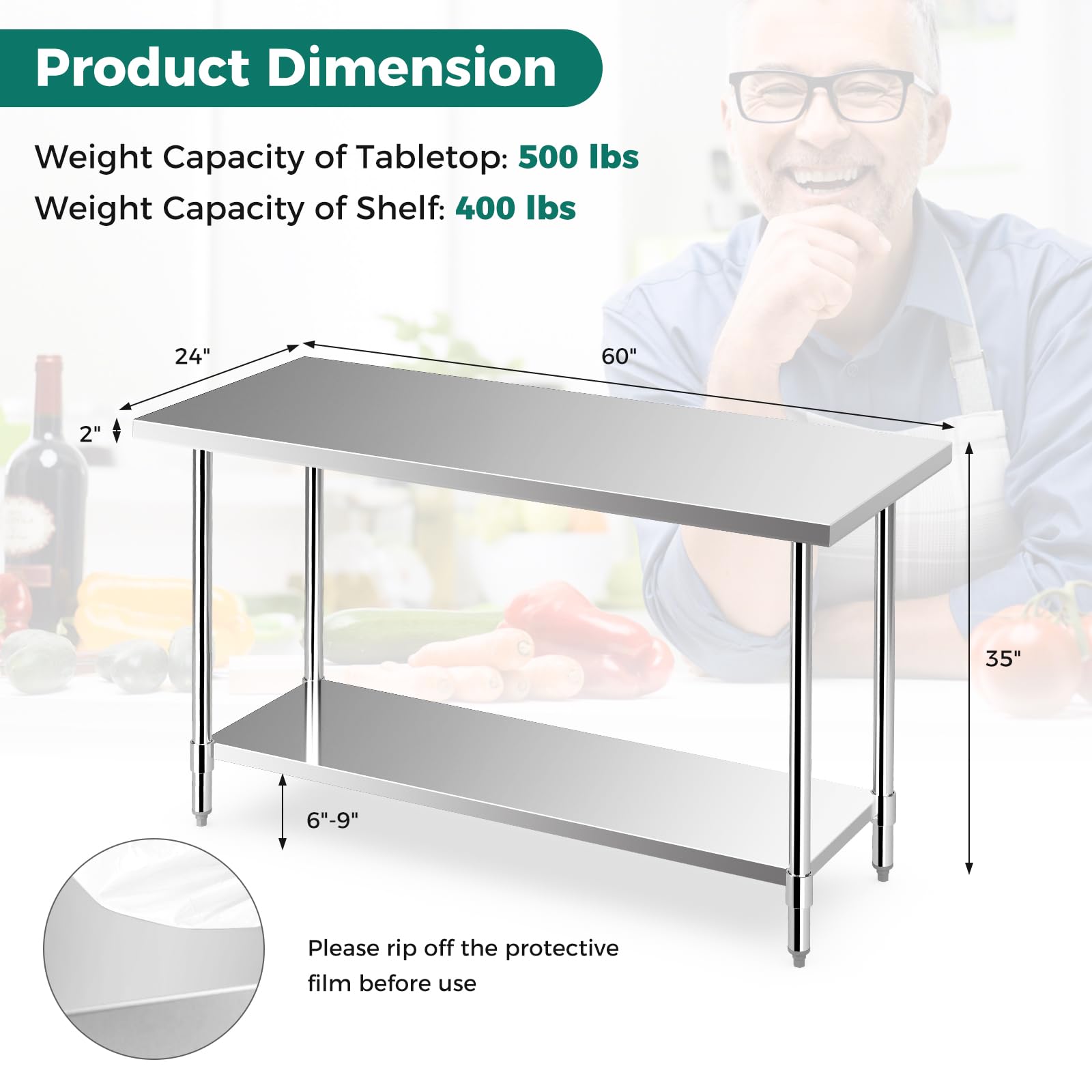 Toolsempire Stainless Steel Table, 60" x 24" Prep Table with Adjustable Under Shelf & 4 Galvanized Table Feet, Heavy Duty Steel Table Kitchen Table for Restaurant, Home & Hotel