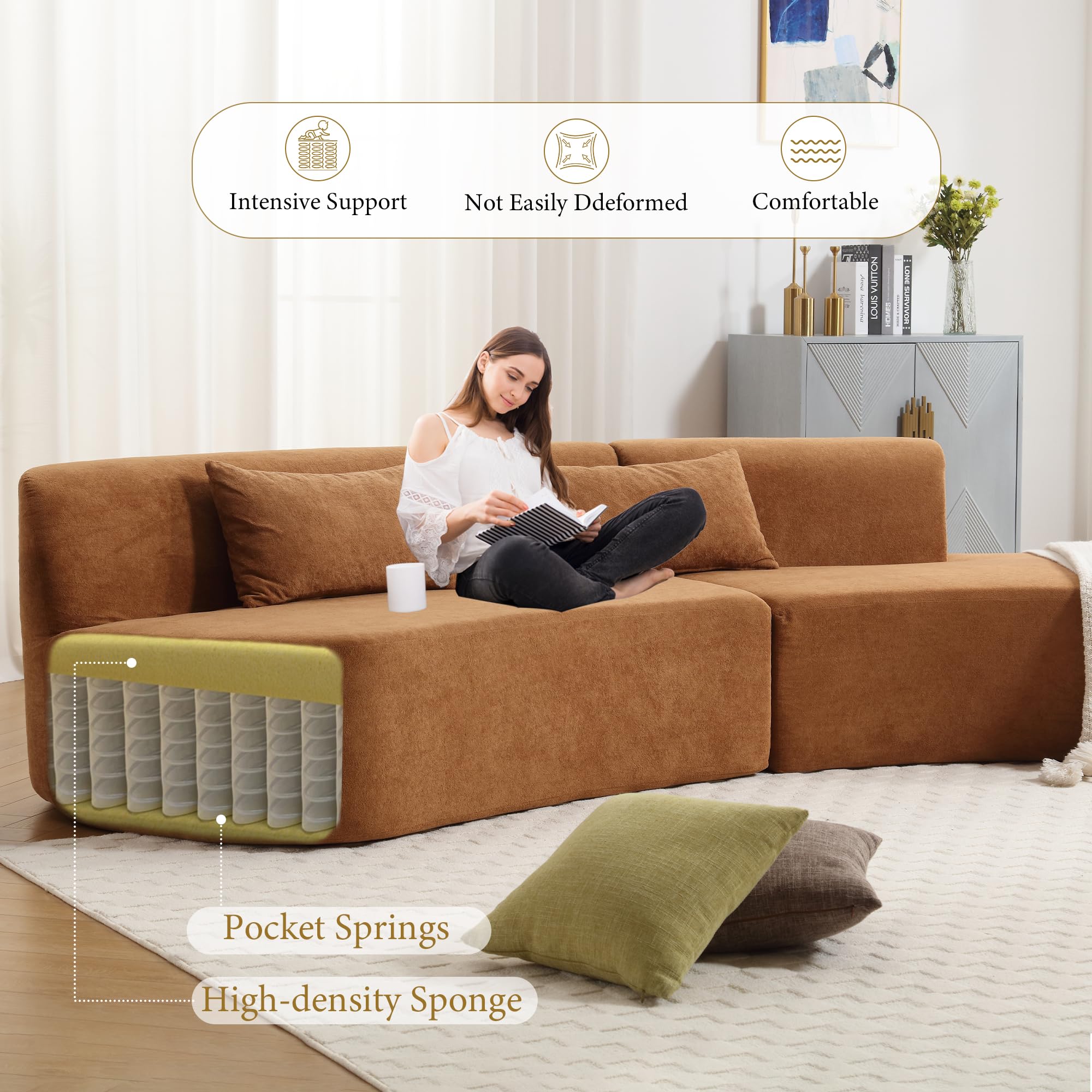 GNIXUU 118.1" Curved Sectional Sofa Couch for Living Room, Minimalist Modern Orange Modular Sectional Sofa, Comfy Cashmere Fabric Cloud Couch with Deep Seat & Chaise for Bedroom, Office