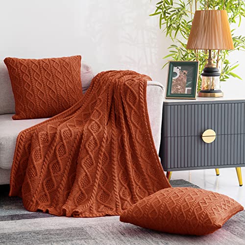 Homiest Cable Knit Throw Blanket and Pillow Set, Rust Throw Blanket Set of 3, Knitted Throw Blanket (50"x60") & 2 Pillow Covers (18"x18"), Soft & Cozy Decorative Throw Blanket for Couch Bed Sofa